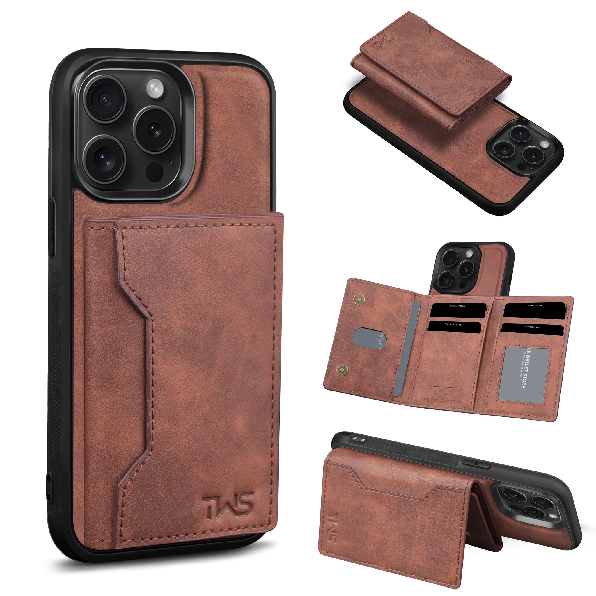 Premium Leather iPhone 15 Case Cover With Detachable Cardholder - Brow