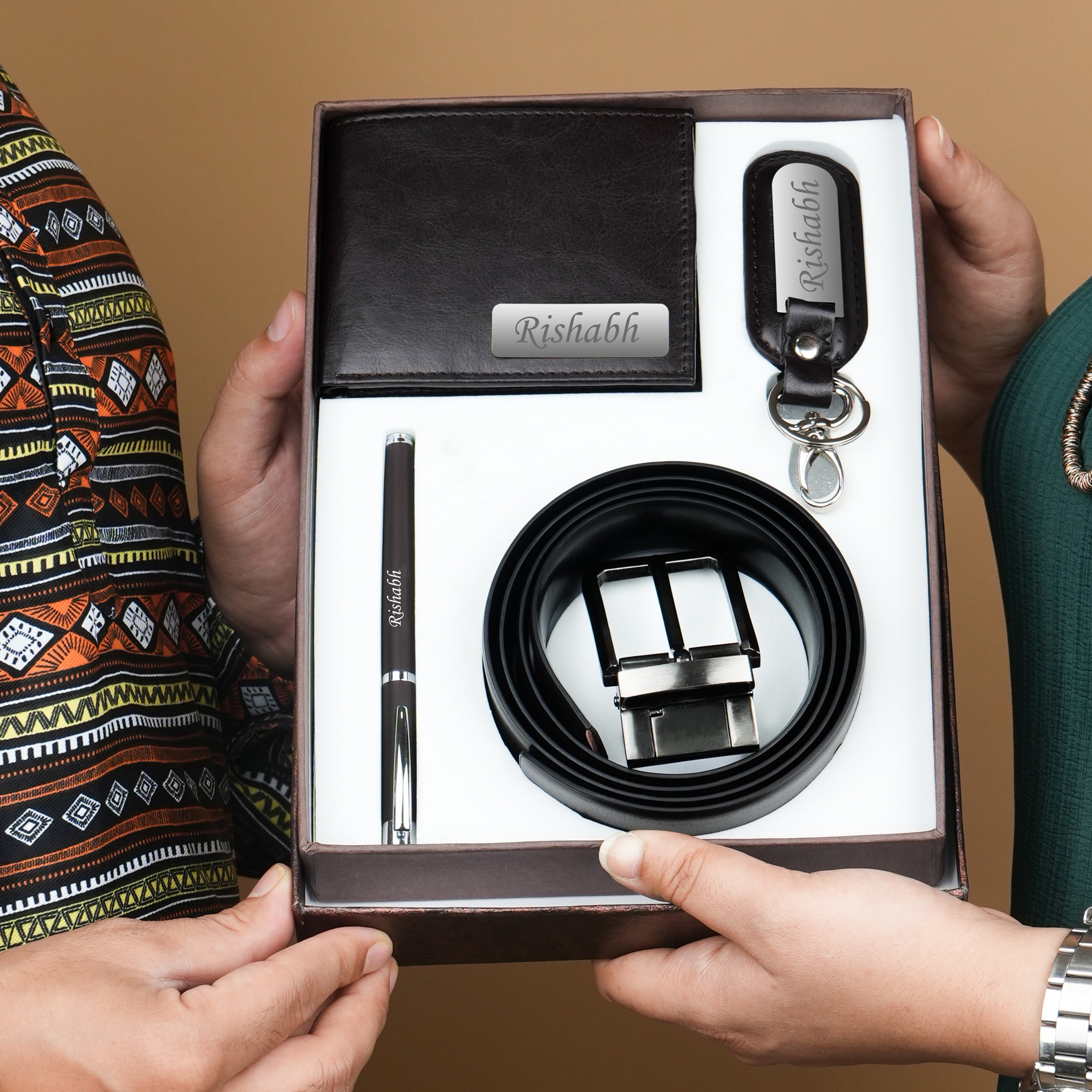 Personalized Wallet, Keychain, Pen & Belt Gift Set for Men