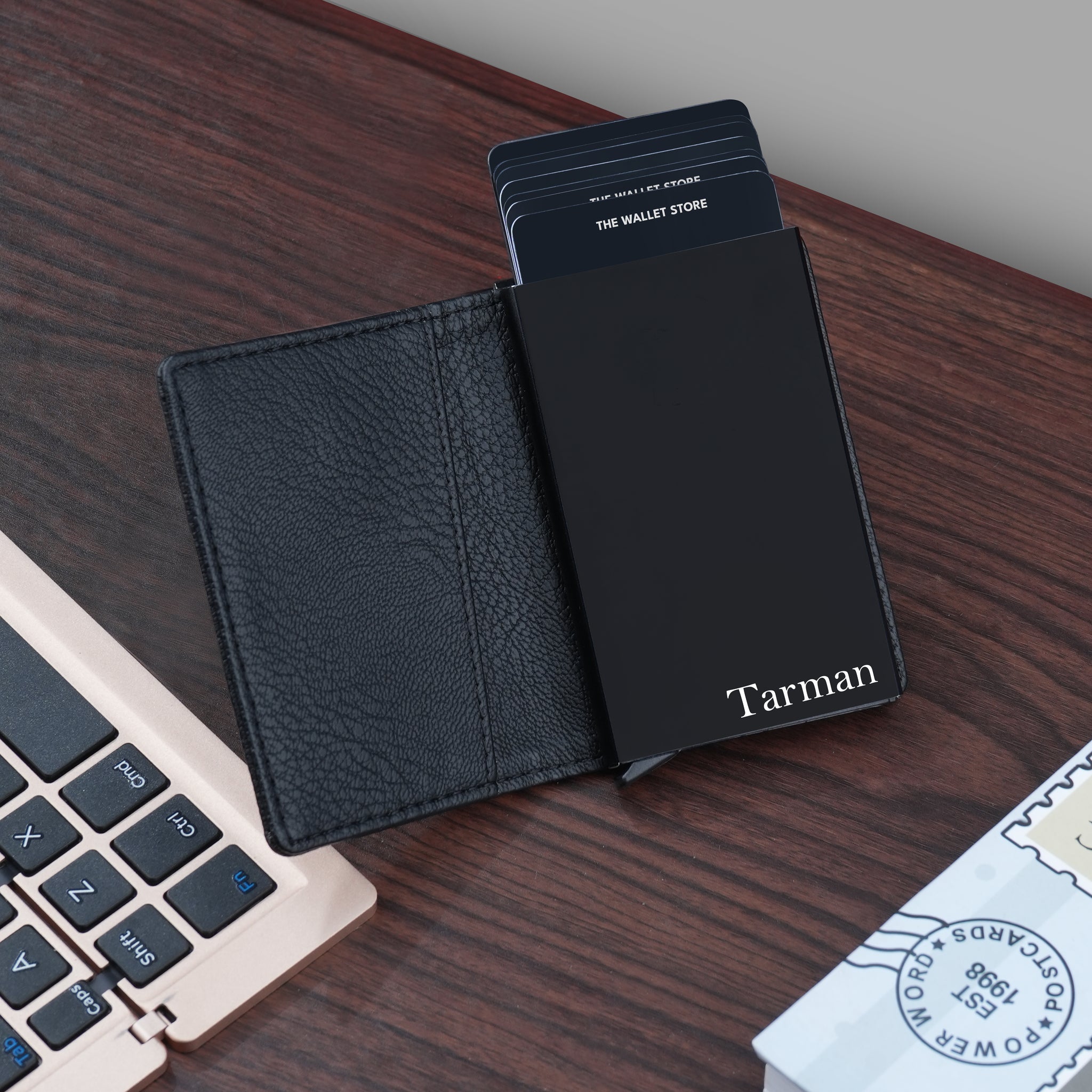 Personalized RFID Protected Metal Card Holder With Leather Cover