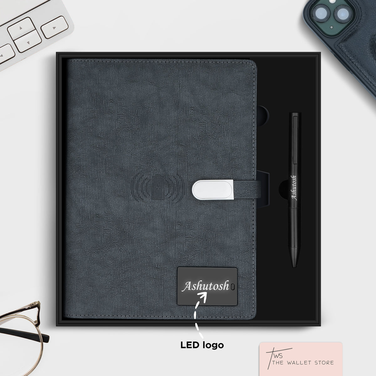 Personalized Diary & Pen Gift Set With Inbuilt LED light & Wireless Ch