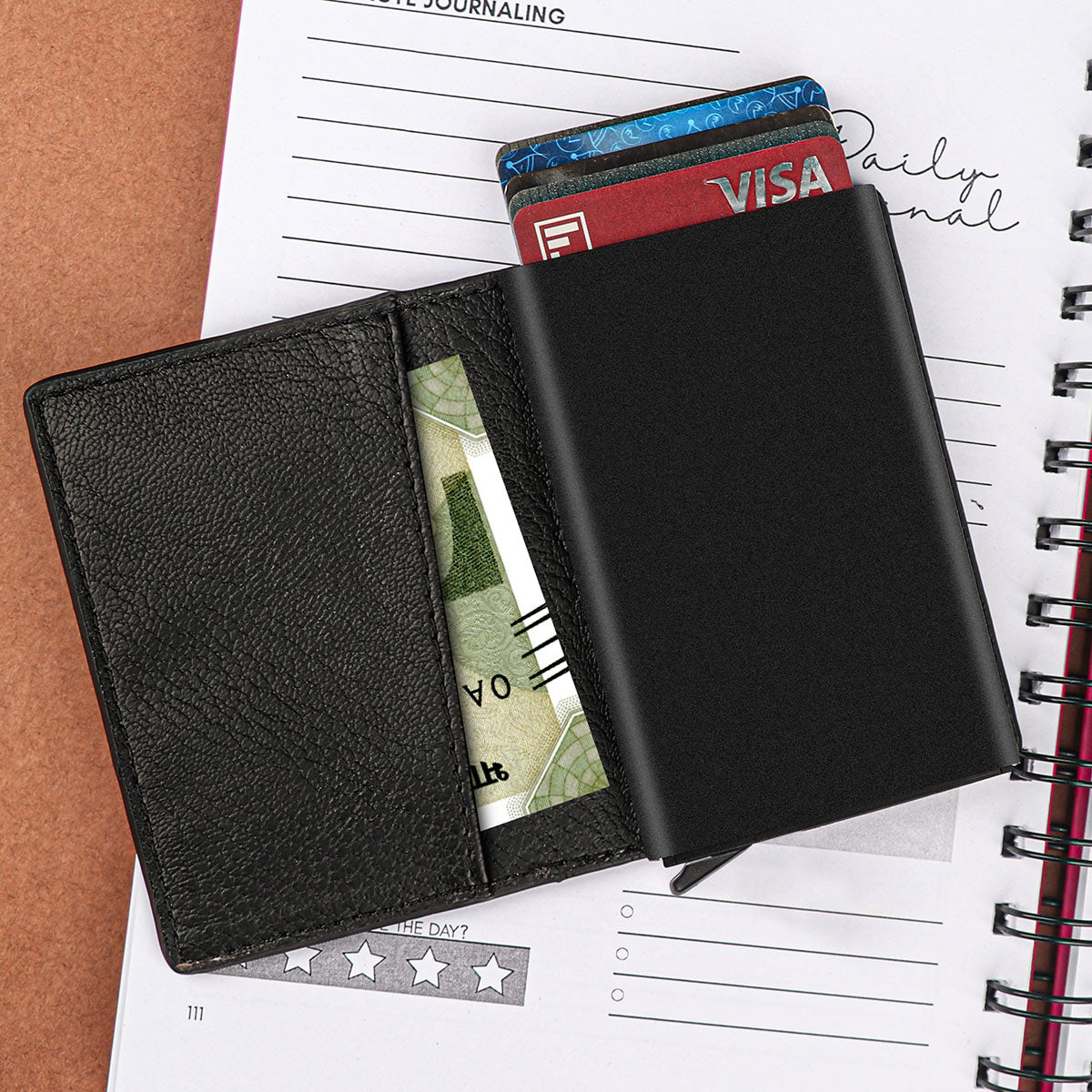 RFID Protected Metal Card Holder With Leather Cover