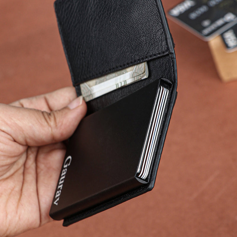 Personalized RFID Protected Metal Card Holder With Leather Cover