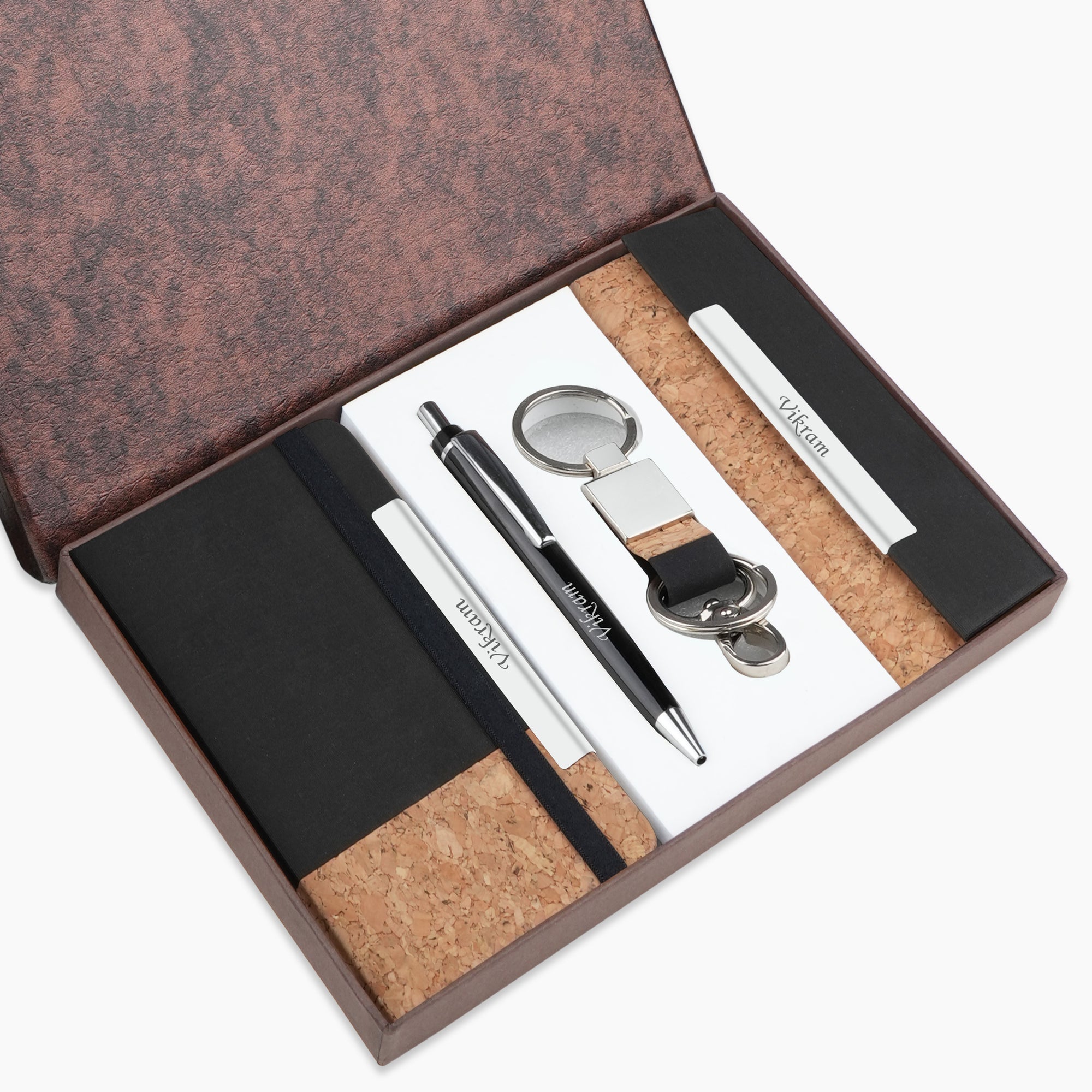 Personalized Dual-Tone Cork Mini Diary, Specs Case, Keychain & Pen Gif