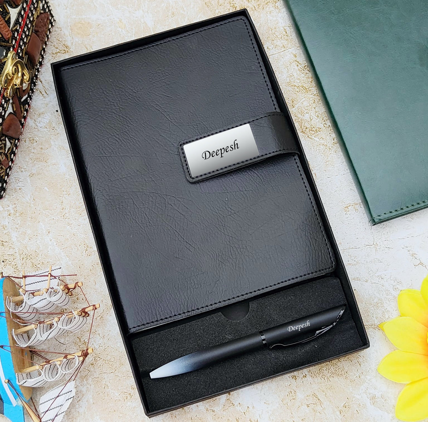 Personalized Elegant Leather Diary & Pen Gift Set