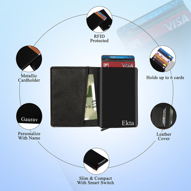 Personalized RFID Protected Metal Card Holder With Leather Cover