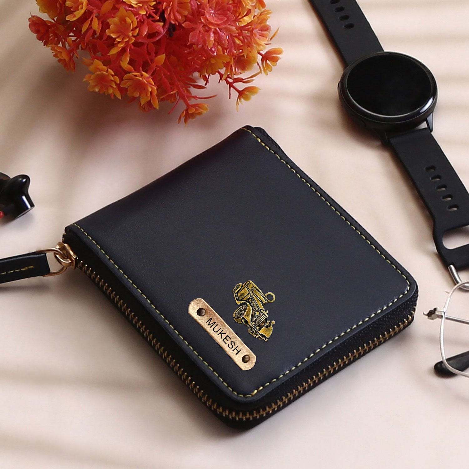 Personalized Blue Unisex Wallet With Name & Charm