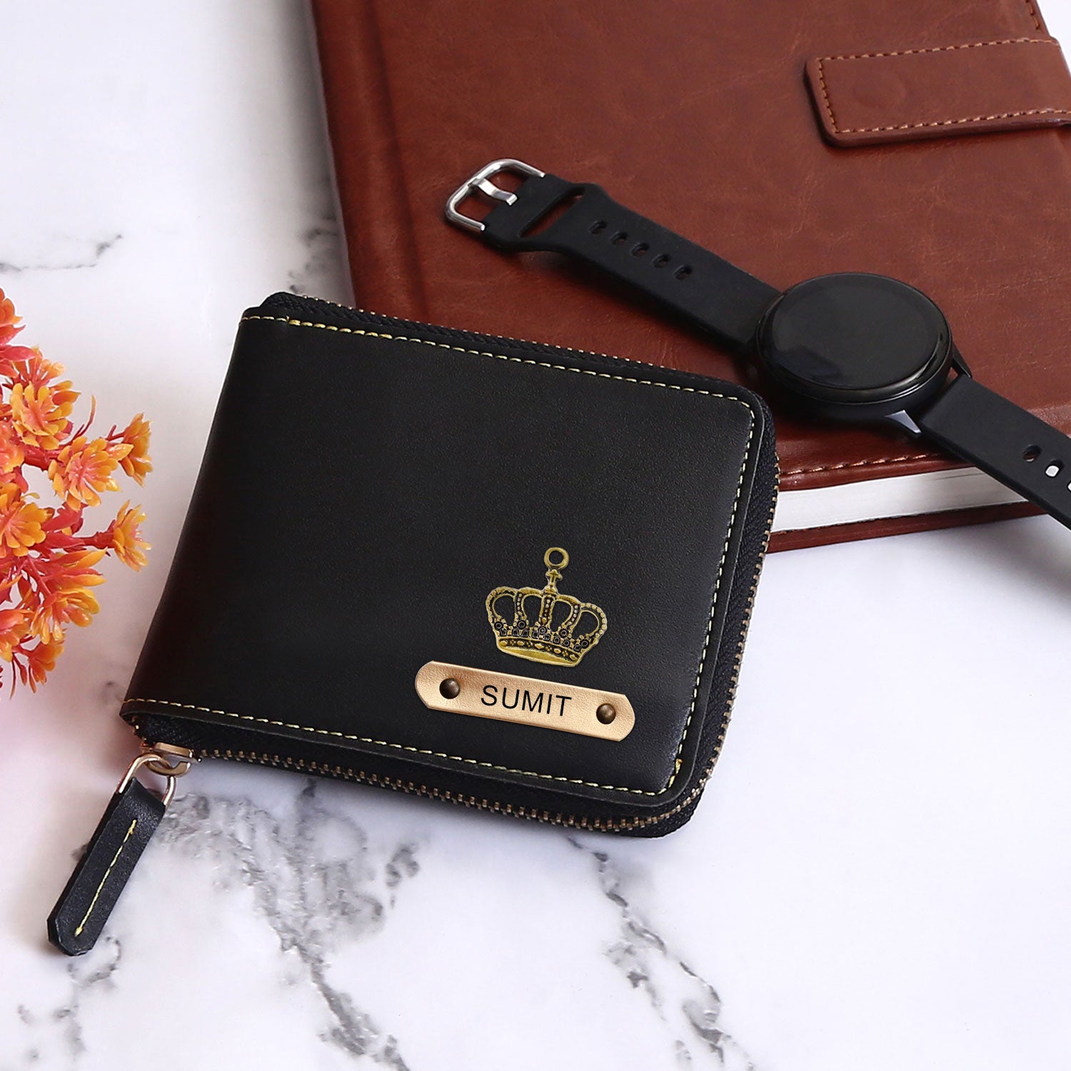 Personalized Black Unisex Wallet with Name & Charm