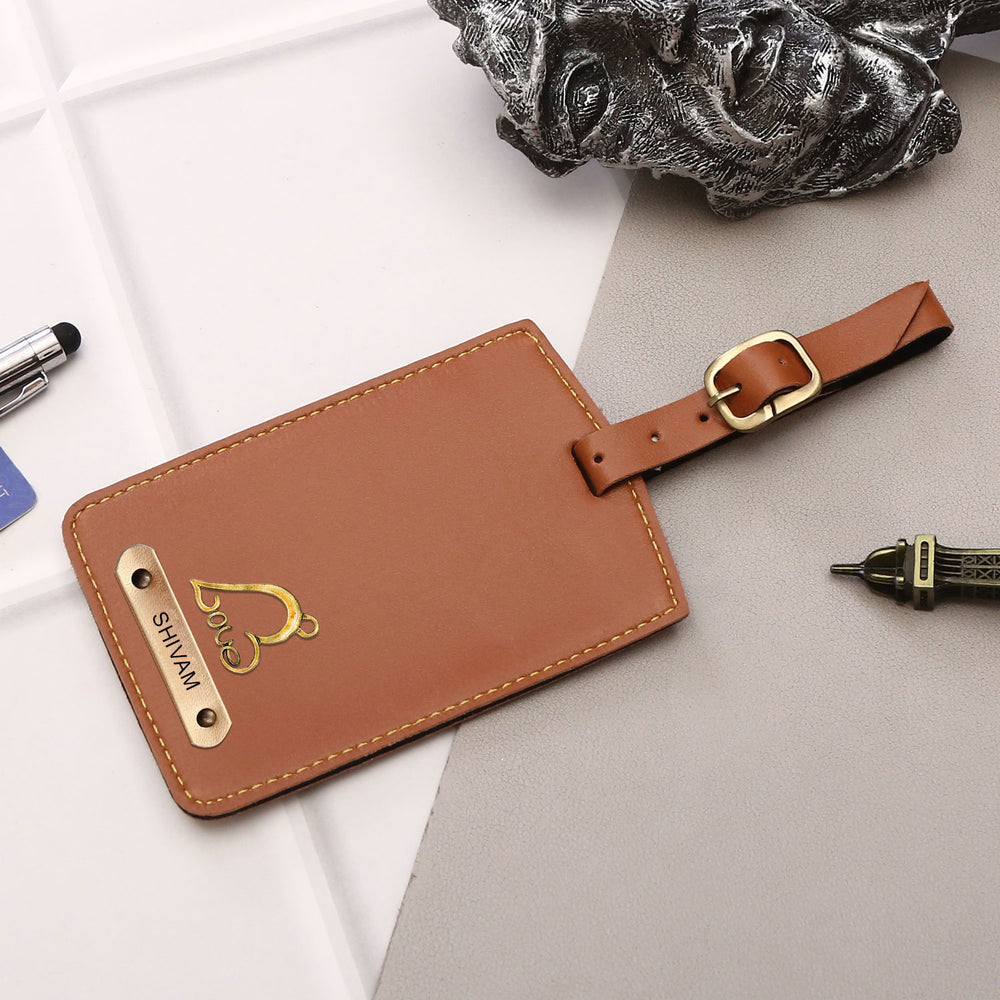 Personalized Tan Faux Leather Luggage Tag with Name Charm