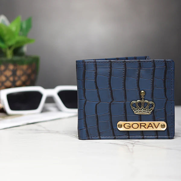 Personalized Men's Blue Wallet with Name & Charm